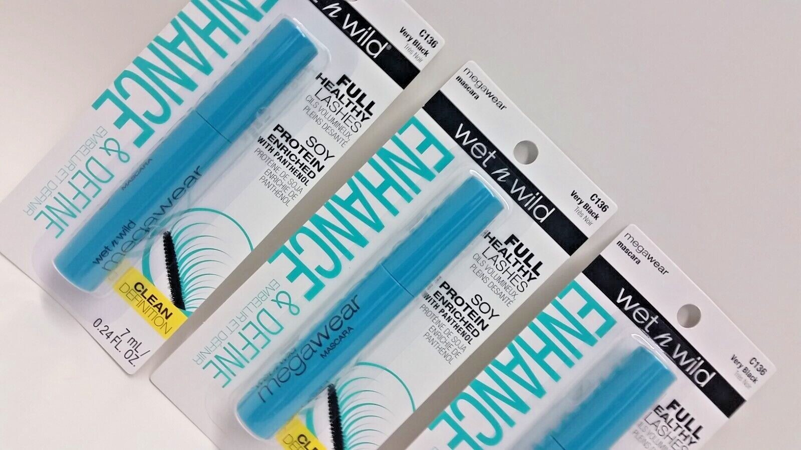 3 x WET N WILD Eye Mascara C136 VERY BLACK Enhance Define MEGA WEAR Soy ...