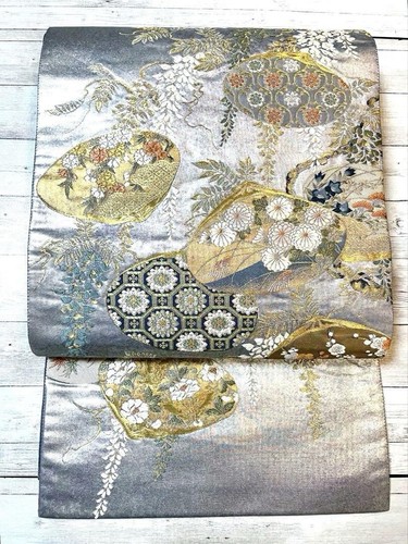 Nishijin Maizuru Six-Pattern Obi Shell-Coated Silver 430cm x 31cm Used ...