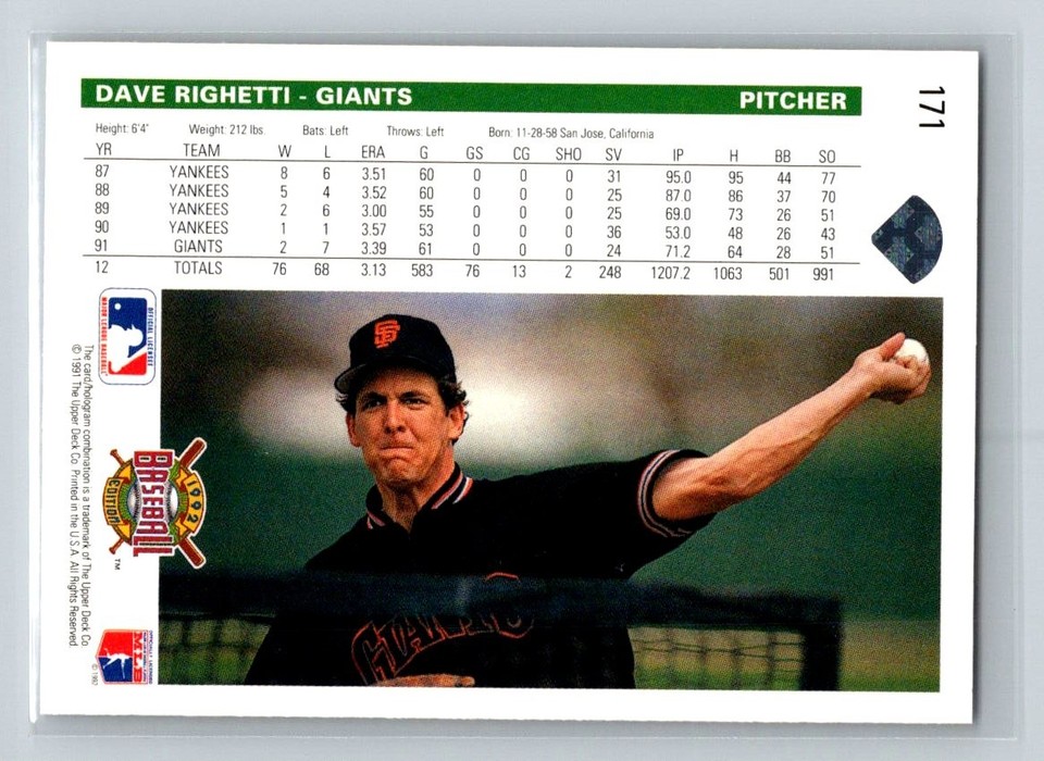 1992 Upper Deck #171 Dave Righetti San Francisco Giants Baseball Card ...