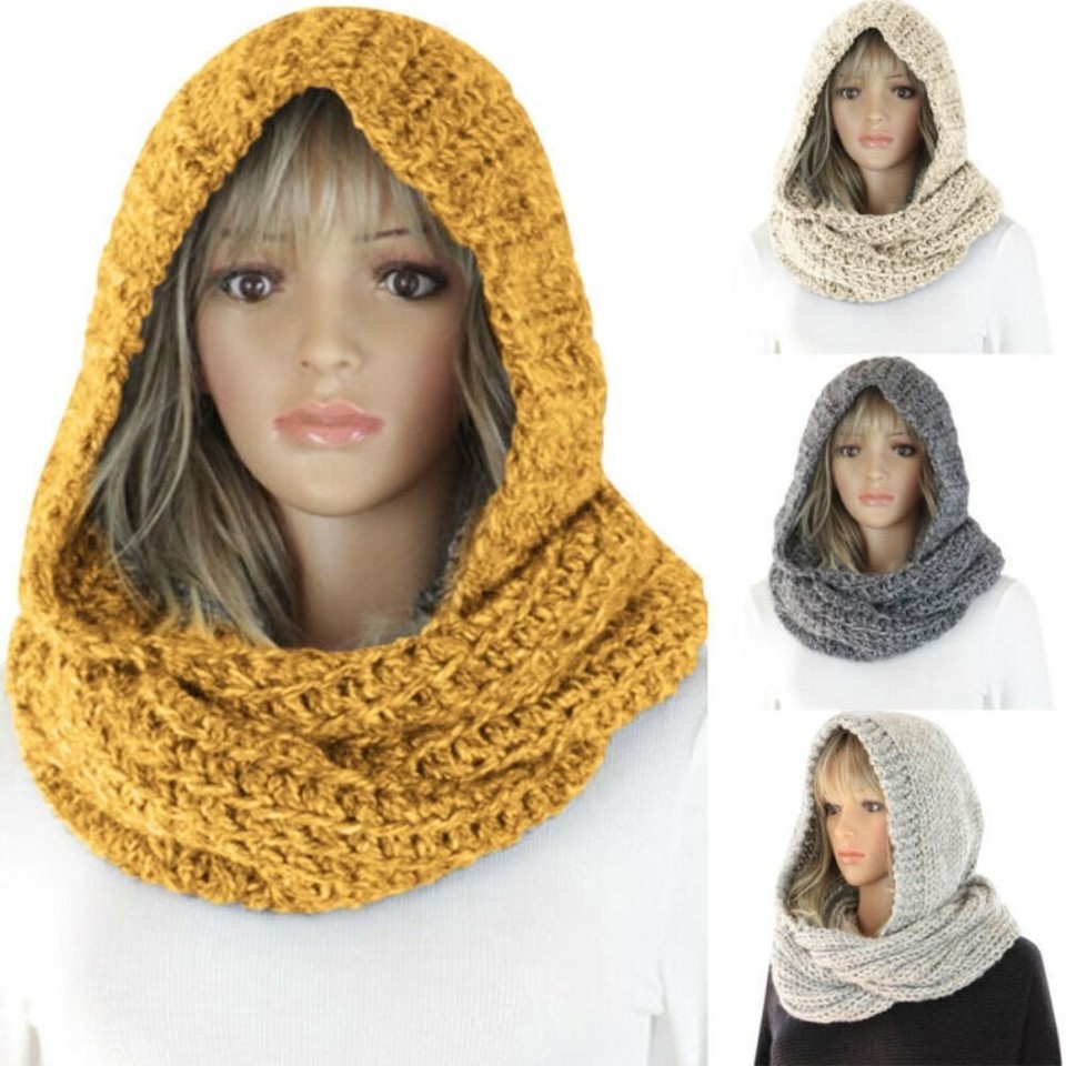 Soft Hooded Scarf Polyester Wrap Circle Loop Neck Hooded Knitted Scarf ...