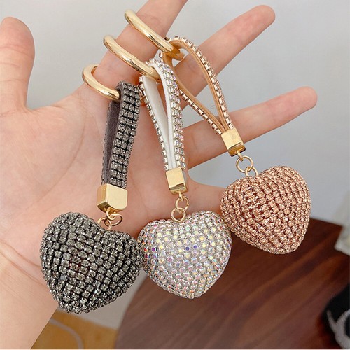 Women Crystal Rhinestone Keychain Heart Shape Key Ring Charm Handbag ...