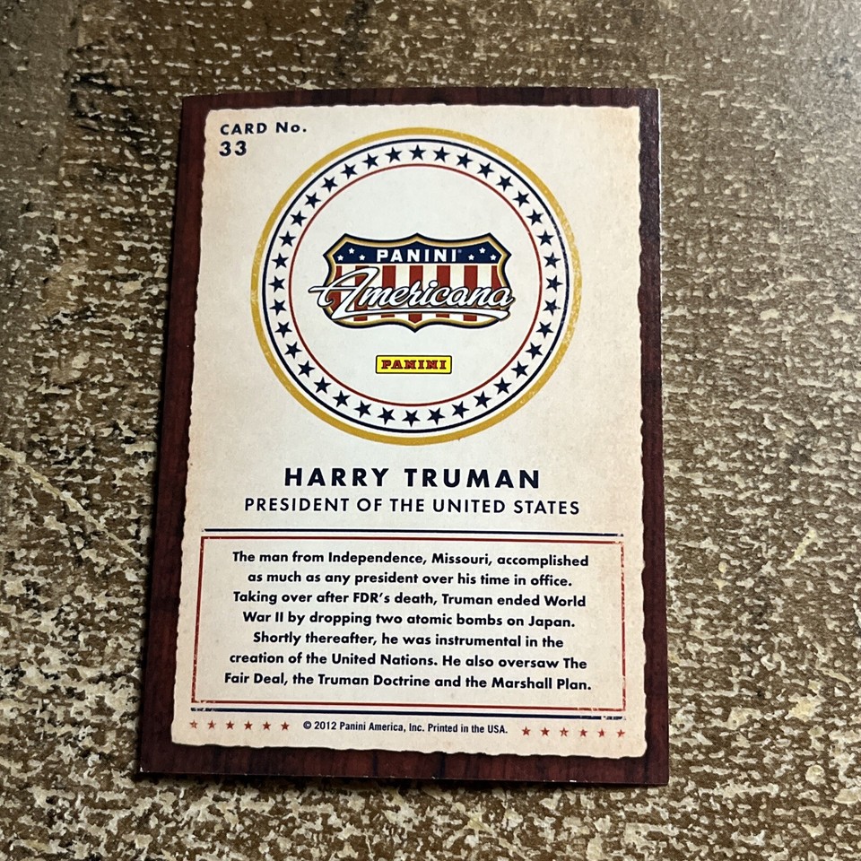 2012 Panini Americana HARRY TRUMAN U.S. United States Presidents Card ...
