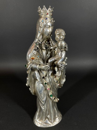 19th c Hanau German Jeweled Silver Religious Statue of Madonna & Child ...