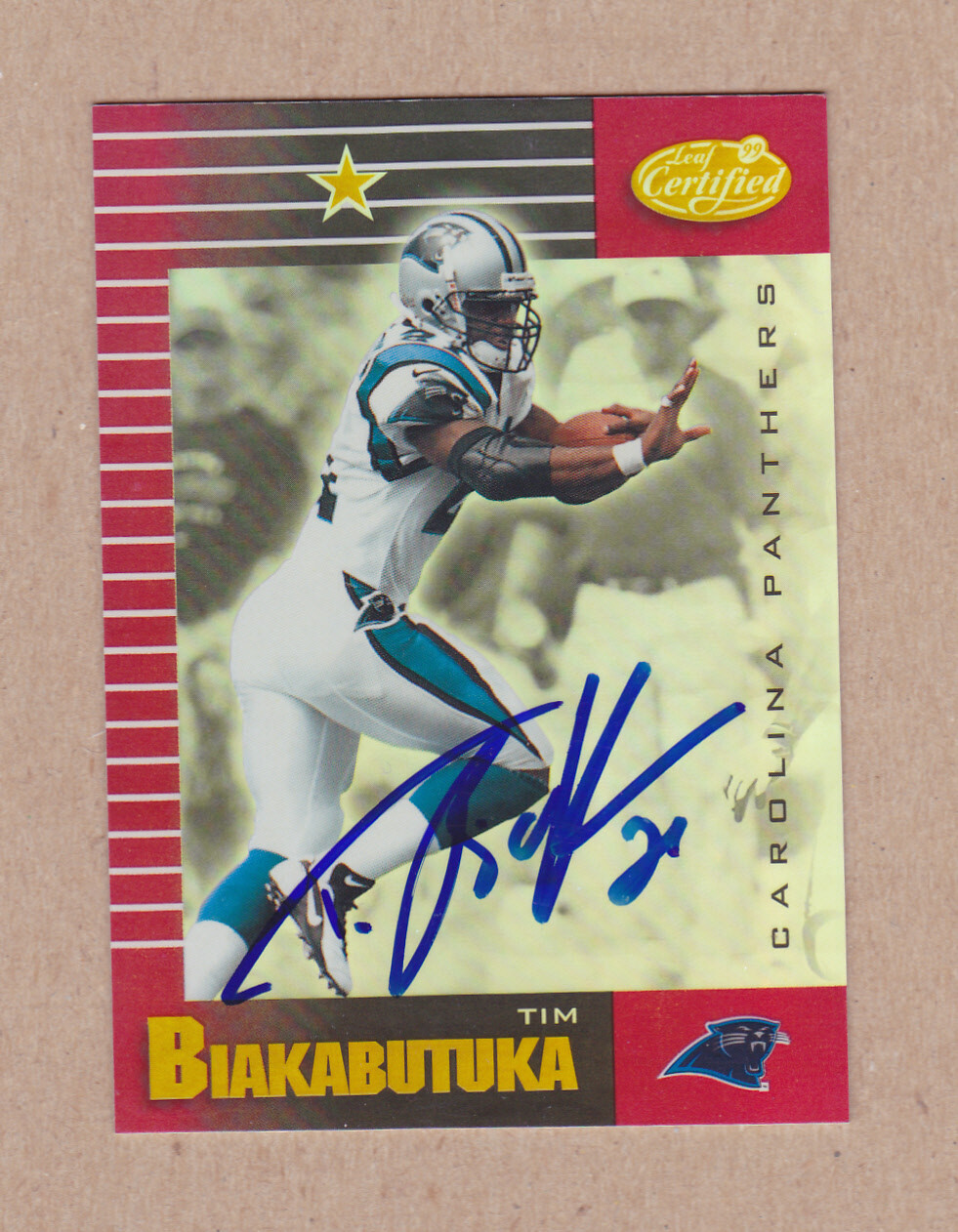 Tim Biakabutuka signed 1999 Leaf Certified Red Mirror card #14-Carolina ...