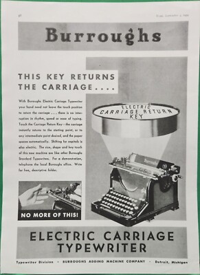 VTG Print Ad 1934 Burroughs Electric Carriage Return Key Typewriter ...