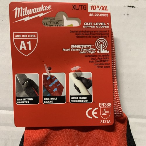 in Pkg Milwaukee 6 PK Cut Level 1 Nitrile Dipped Gloves Sz XL 48-22 ...