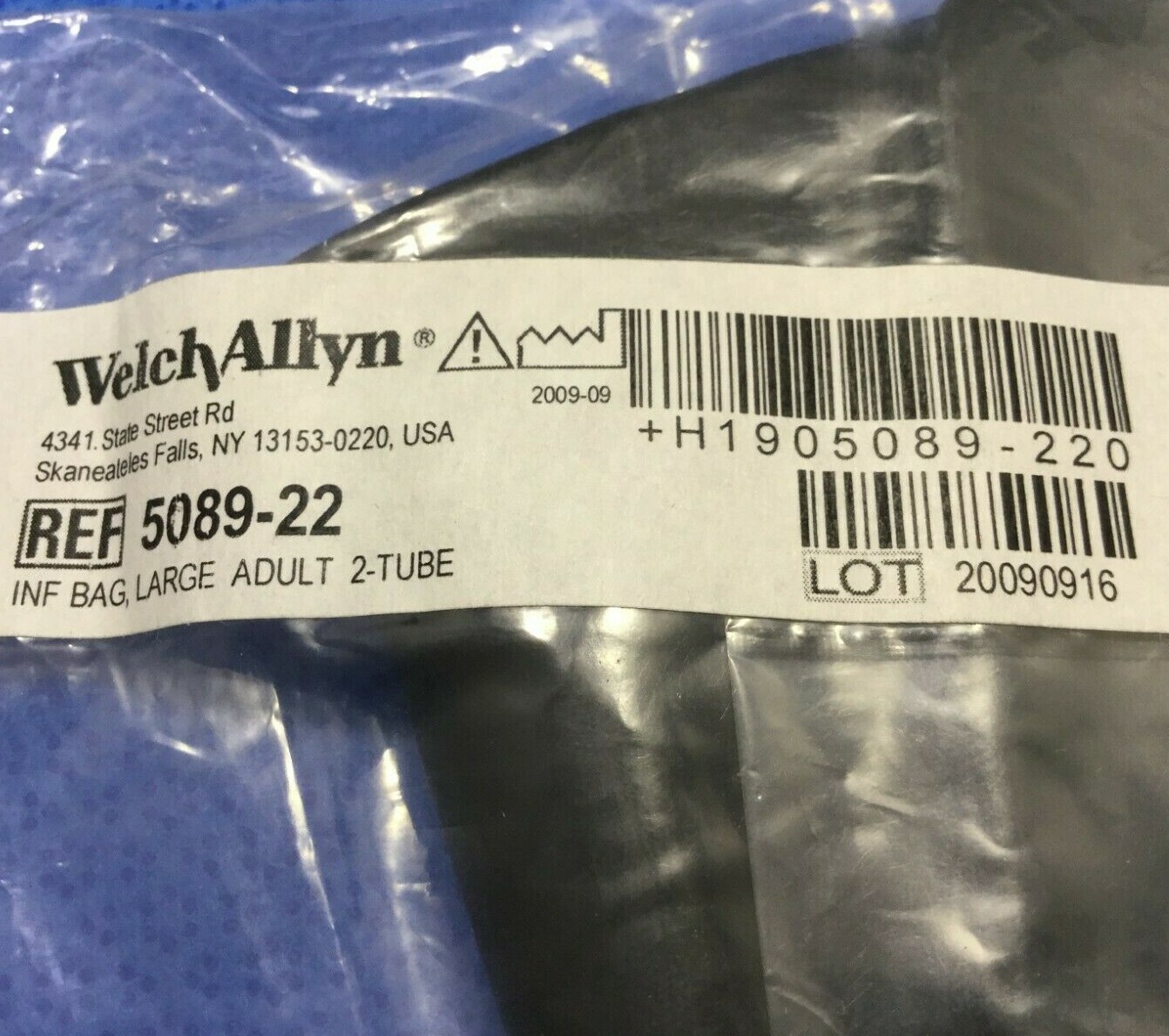 1 Welch Allyn INF Bag Large Adult 2 Tube 5089-22 / Bladder W Connector ...