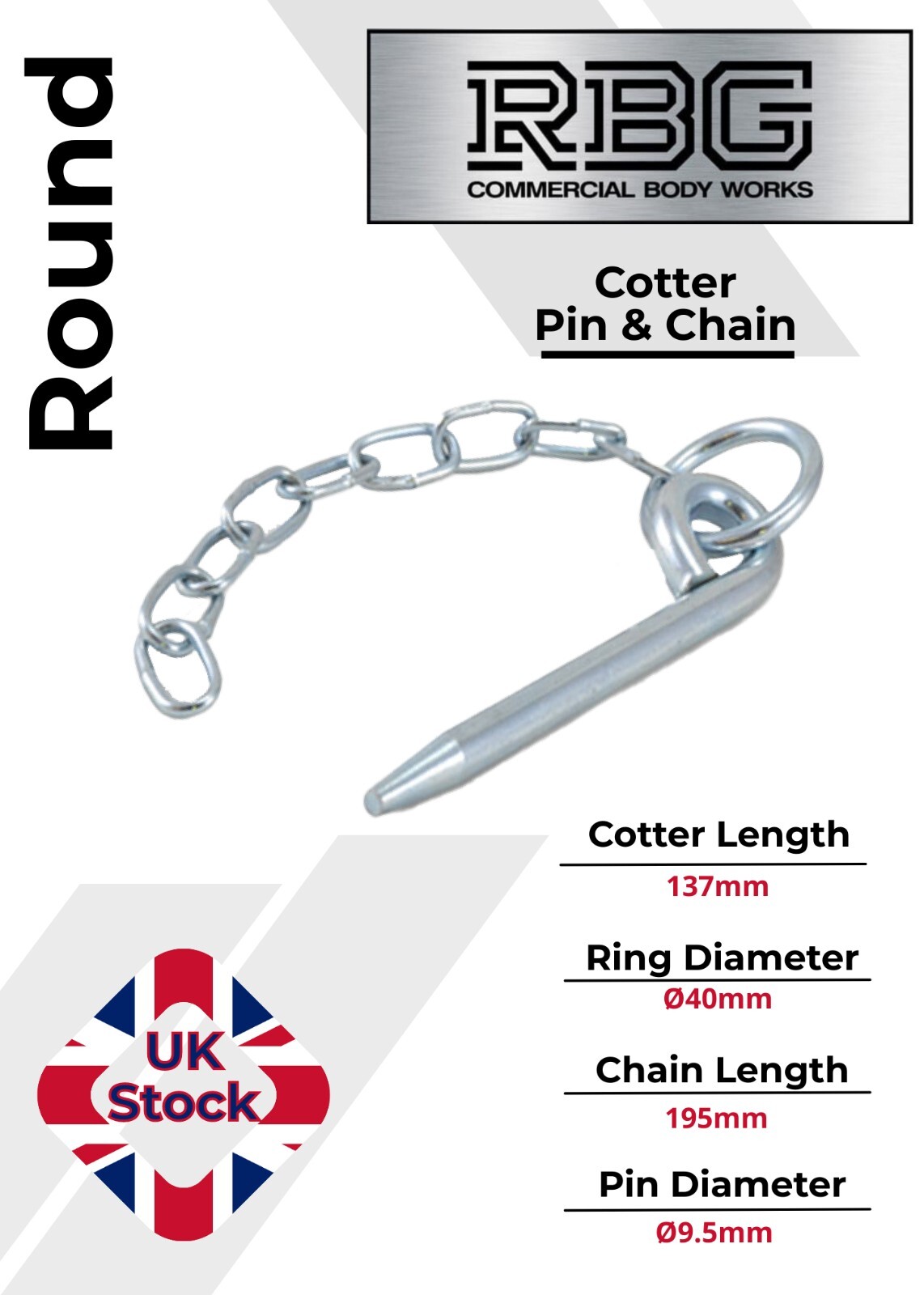 Round Cotter Pin & Chain 137 x 9.5mm Trailers Tail Gate Horseboxes ...
