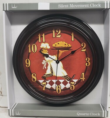 Plastic Kitchen Wall Clock, 12" ITALIAN FAT CHEF WITH PASTA BOWL, brown ...