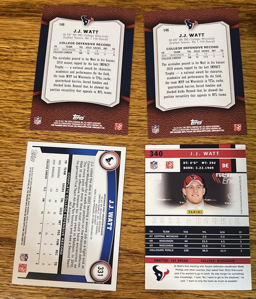 4-Card J.J. Watt Rookie Lot Houston Texans Score Topps Wisconsin ...