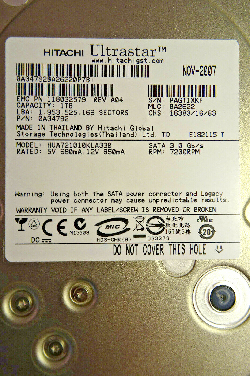 Hitachi UltraStar 1TB 7200 RPM SATA-II 3.5" HUA721010KLA330 P/N 0A34792 ...