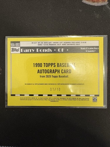 2025 Topps Series 1 BARRY BONDS #90A-BBO 1990 Black On Card Auto 1/10 ...
