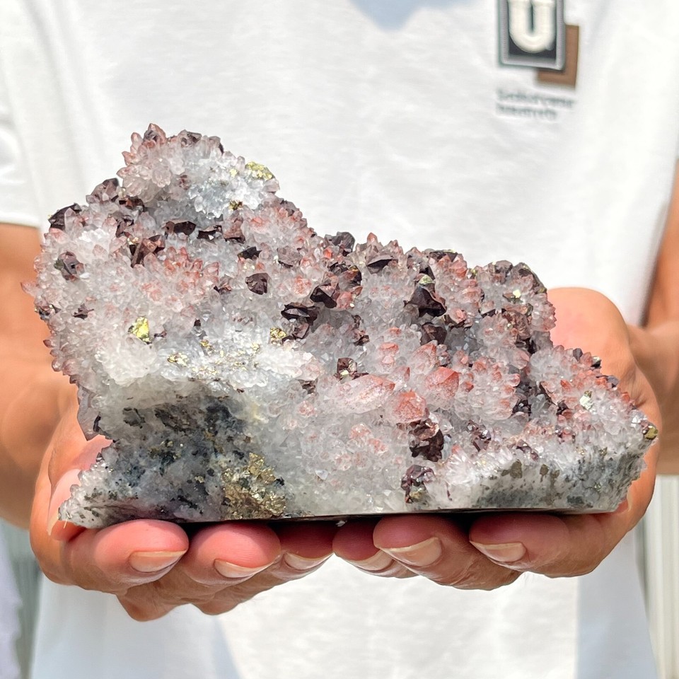 920g Large Natural Red Quartz Crystal Cluster & Pyrite Gold Mineral ...