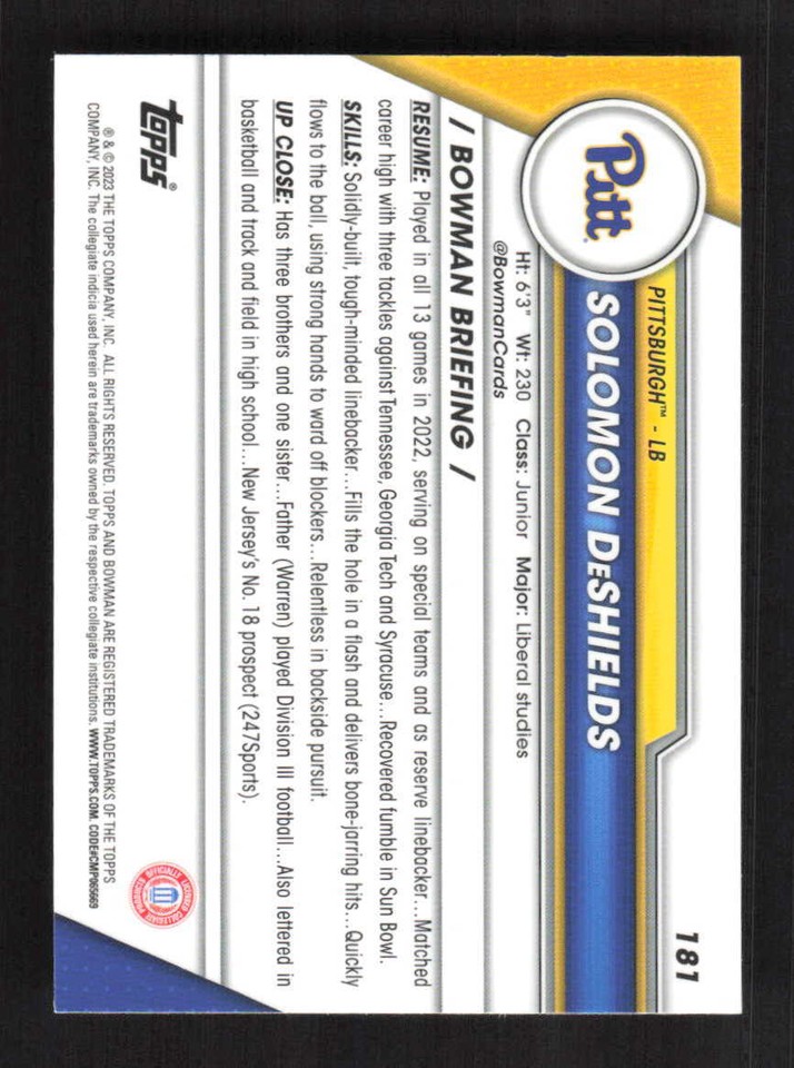 Solomon DeShields 1st 2023 Bowman University Chrome Pittsburgh #181 | eBay