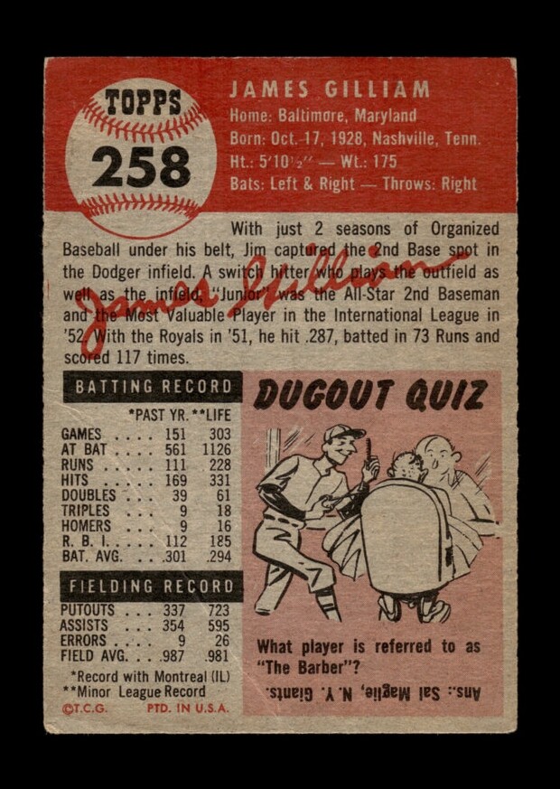 1953 Topps Set-Break #258 Jim Gilliam RC LOW GRADE (crease) *GMCARDS ...