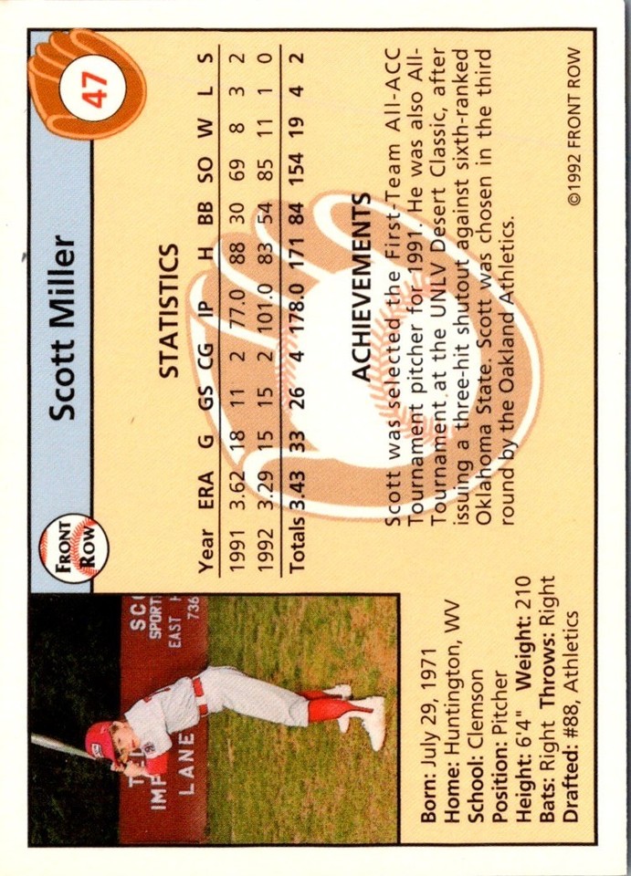 1992 Front Row Draft Picks Scott Miller #47 Oakland Athletics Baseball ...