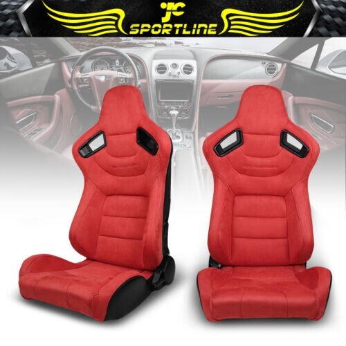 Universal Pair Reclinable Racing Seats Dual Slider Red Suede PU Carbon ...