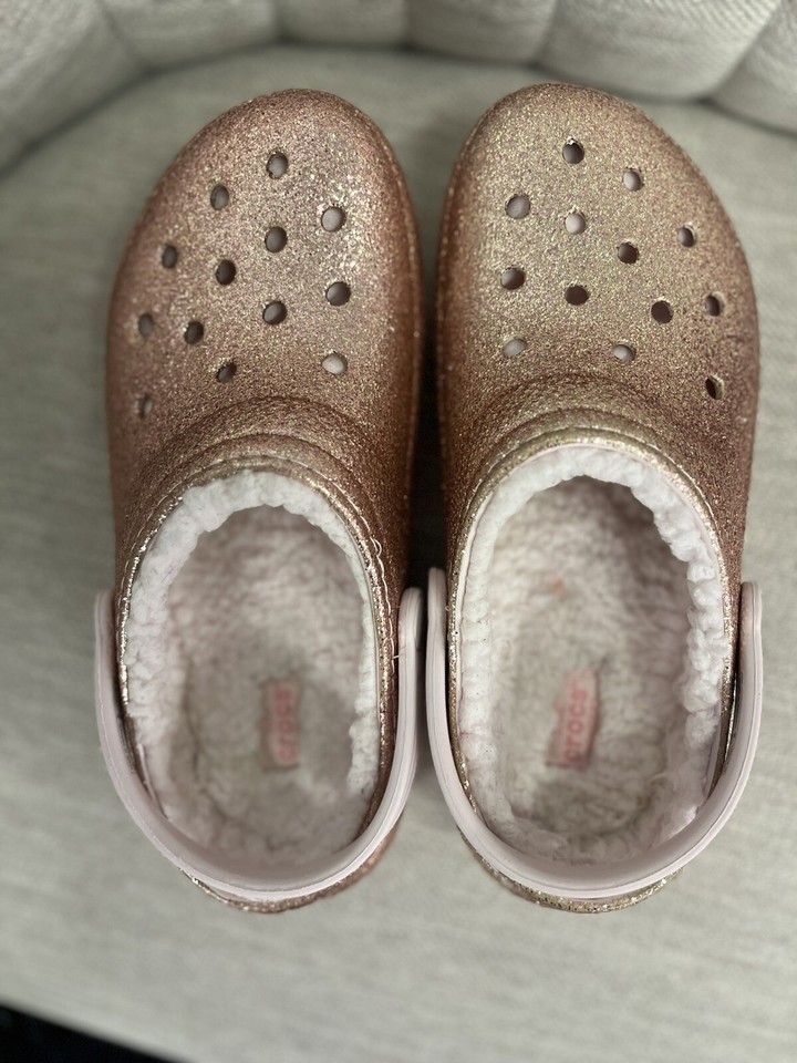 Crocs Pink Glitter Size Junior J4 Shoes Classic Clog Lined Fuzzy | eBay
