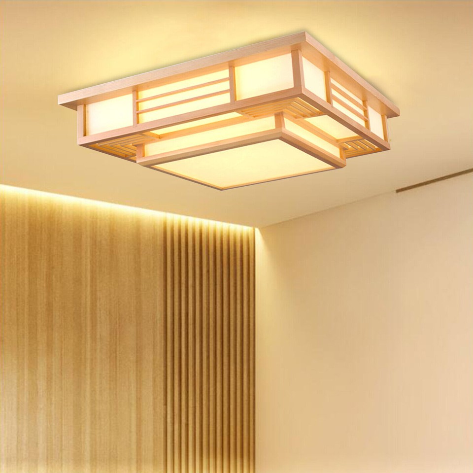 Modern Simple Ceiling Light LED Square Pendant Lamp Fixture Remote Wood ...