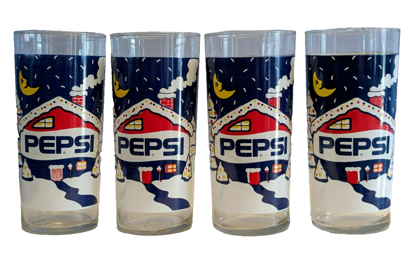 Vintage Pepsi Cola Glass Winter Christmas Snow Village Tumbler SET of 4 ...
