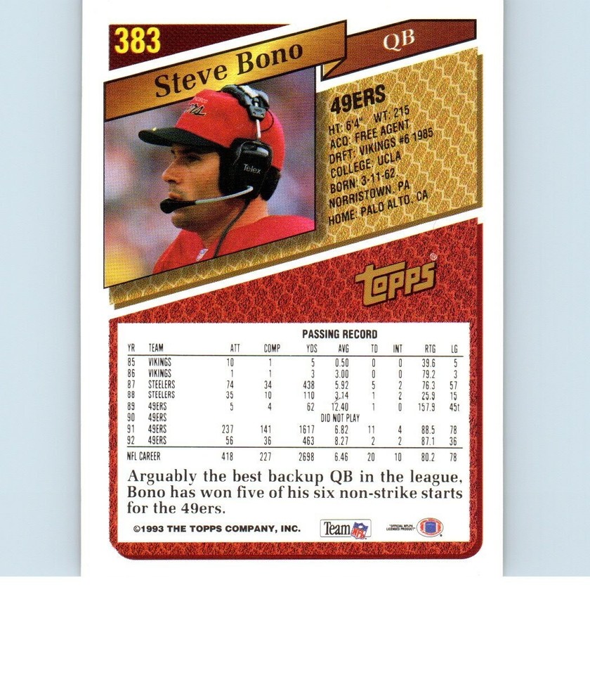 Steve Bono 383 49ers 1993 Topps NFL Football Trading Card | eBay