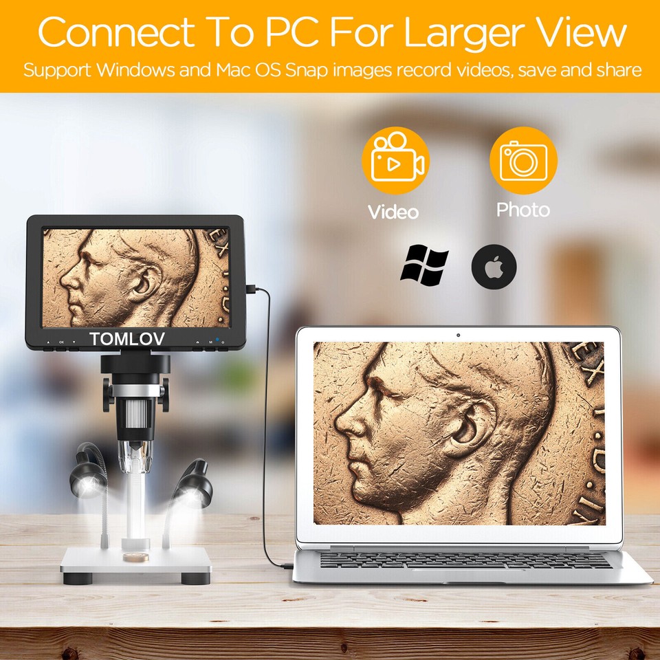 TOMLOV Digital Magnifier 1200X 7'' Coin Microscope camera Soldering ...