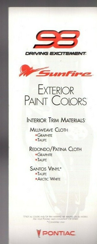 1998 Pontiac SUNFIRE Color Chip Chart Paint Sample Brochure | eBay
