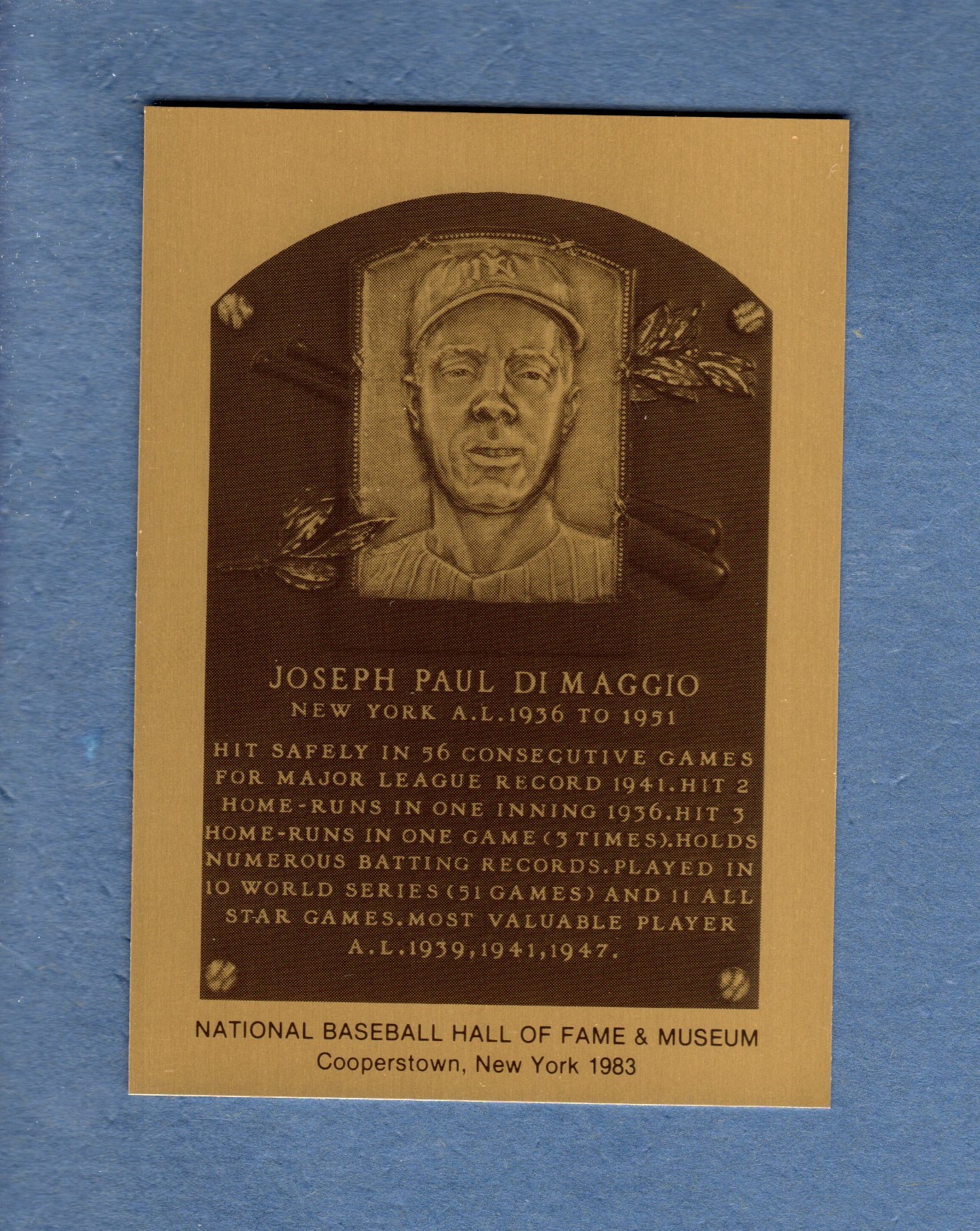 JOE DiMAGGIO, Yankees Official Baseball Hall of Fame METALLIC plaque ...