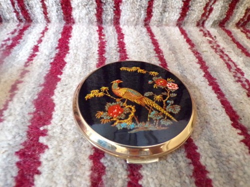 Vintage Stratton Powder Compact Pheasant Bird Flowers Black Gold ...