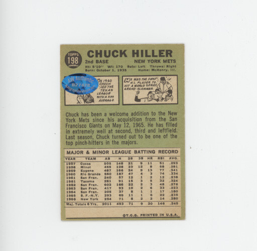 Chuck Hiller New York Mets signed 1967 Topps card 198 AW Authentic | eBay