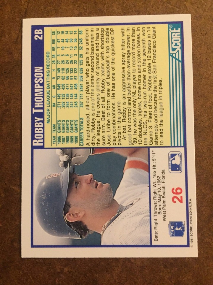 Robby Thompson 26 Score 1991 MLB Baseball Trading Card | eBay