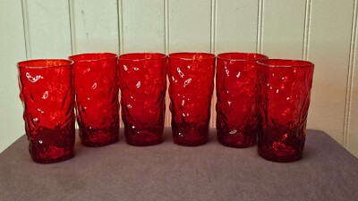 Crinkle Ruby Red 10 Oz Drinking Glasses Vintage Tumblers 5 ¼ ...