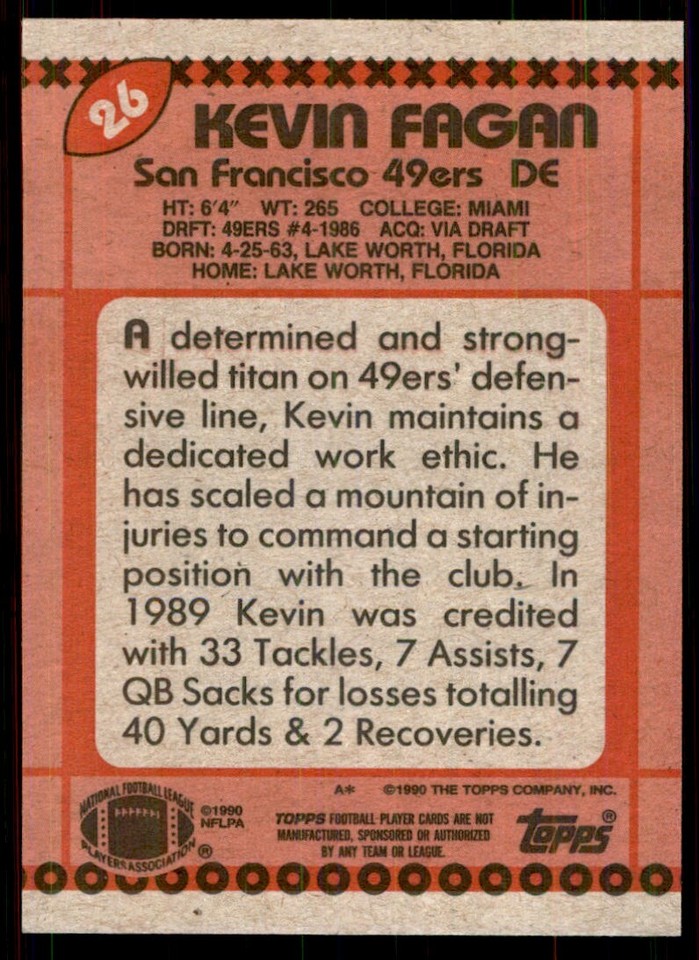 1990 Topps Kevin Fagan Football Cards #26 | eBay