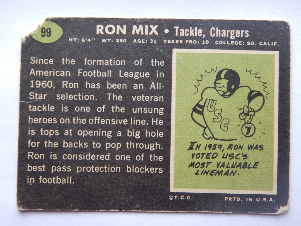 Ron Mix #99 Topps 1969 Football Card (San Diego Chargers) A | eBay
