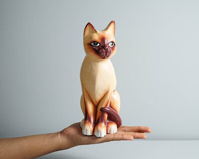 Sitting Cat Figurine, Painted Cat Statue, Wood Carving, Wooden Cat ...