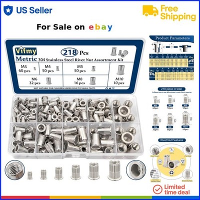 304 Stainless Steel Rivet Nut Assortment Kit 218 Pcs M3-M10 Flat Head ...