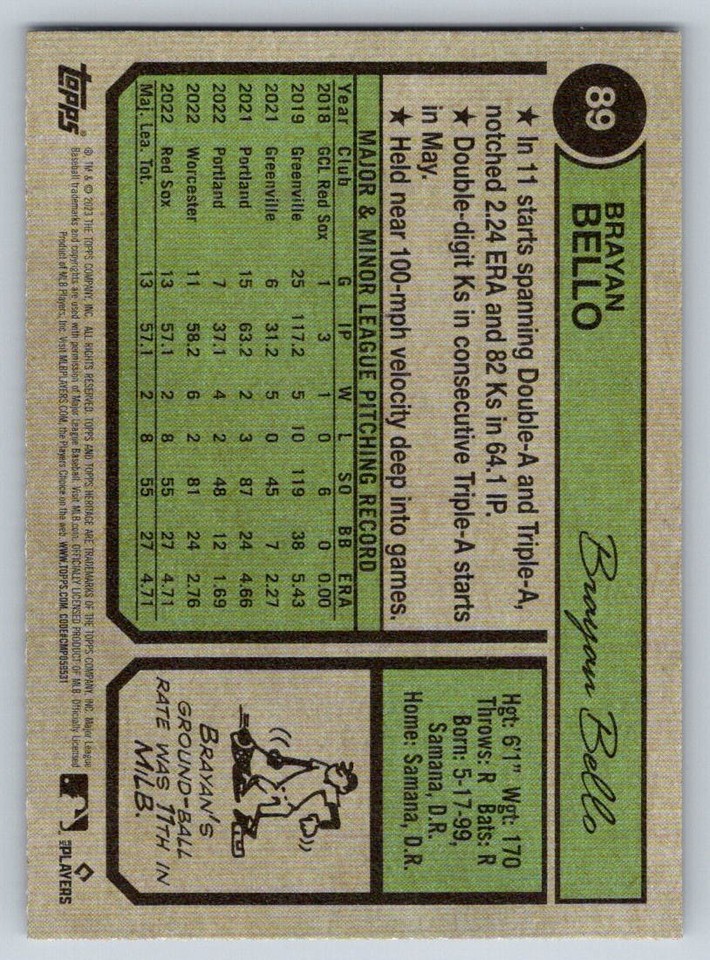 Brayan Bello #89 2023 Topps Heritage Boston Red SoxRC Rookie | eBay
