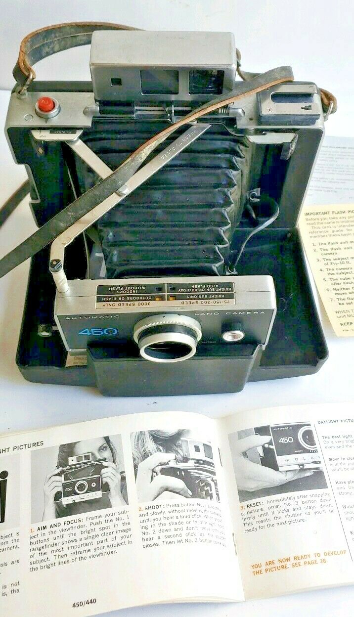 POLAROID 450 Automatic LAND CAMERA + Flash + Instructions Leather Strap ...