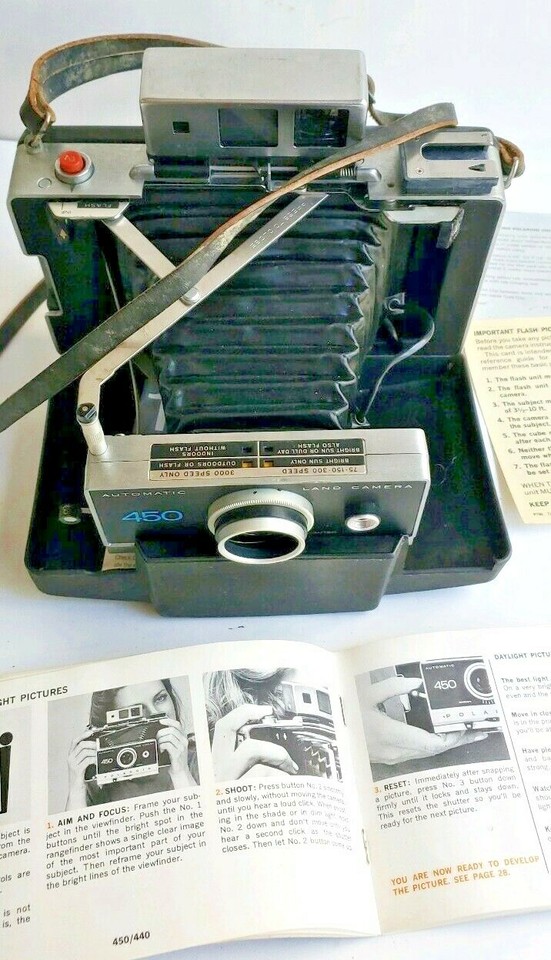 POLAROID 450 Automatic LAND CAMERA + Flash + Instructions Leather Strap ...