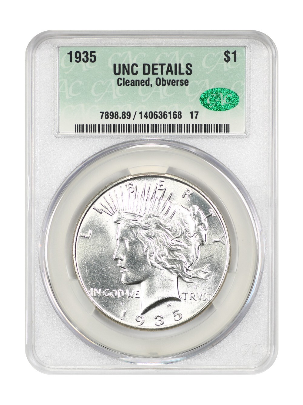 1935 Peace Silver Dollar $1 CACG Unc Details Cleaned Obverse Great Eye ...