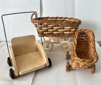 VINTAGE GERMAN WICKER/WOOD ITEMS FOR CACO DOLLS[1] STROLLER [1] PRAM [1 ...