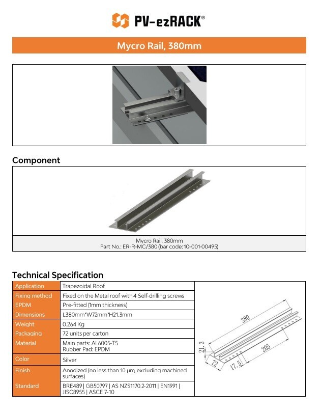 4 x Clenergy PV-ezRack Mycro Rail 380mm ER-R-MC/380 Solar Panels ...
