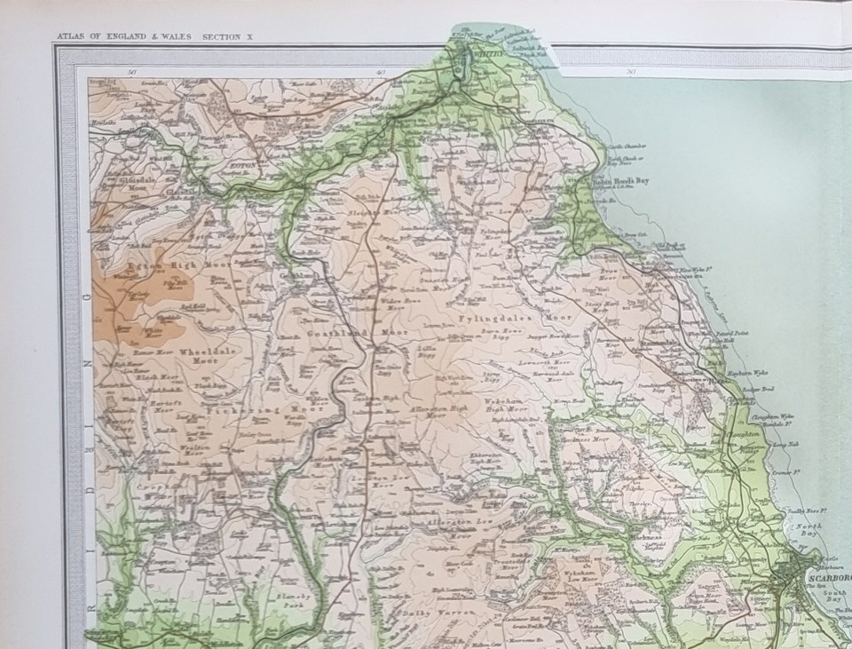 1903 ANTIQUE MAP ENGLAND SCARBOROUGH WHITBY PICKERING FLAMBOROUGH HEAD ...