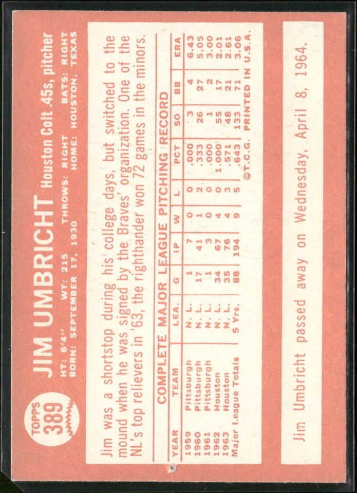 1964 Topps #389 Jim Umbricht VG/VG-EX | eBay