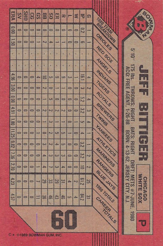 Jeff Bittiger 1989 Bowman 60 Chicago White Sox Rookie Baseball Card | eBay