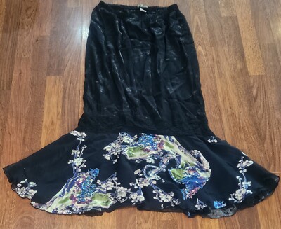 Vintage Violet Kay Fluted Silk Mermaid Black Floral Maxi Skirt Sz Med ...