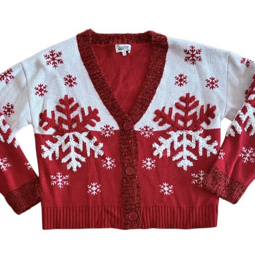 VINTAGE RED WHITE WOMENS SNOWFLAKE BUTTON UP UGLY CHRISTMAS SWEATER ...