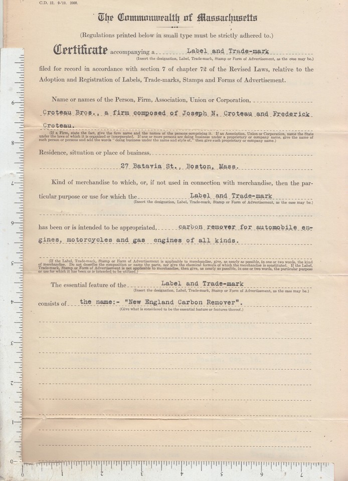 A757 Joseph N. Croteau '19 trade mark paper Boston motorcycle Grace I ...