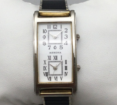 Merona Dual Time Tank Watch Mens 44mm Silver Gold Black Stretch Band ...