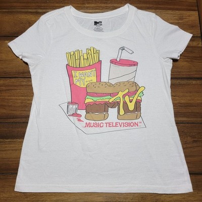 MTV Junior White Tee "I Want My MTV" Fast Food - Size Junior Large | eBay